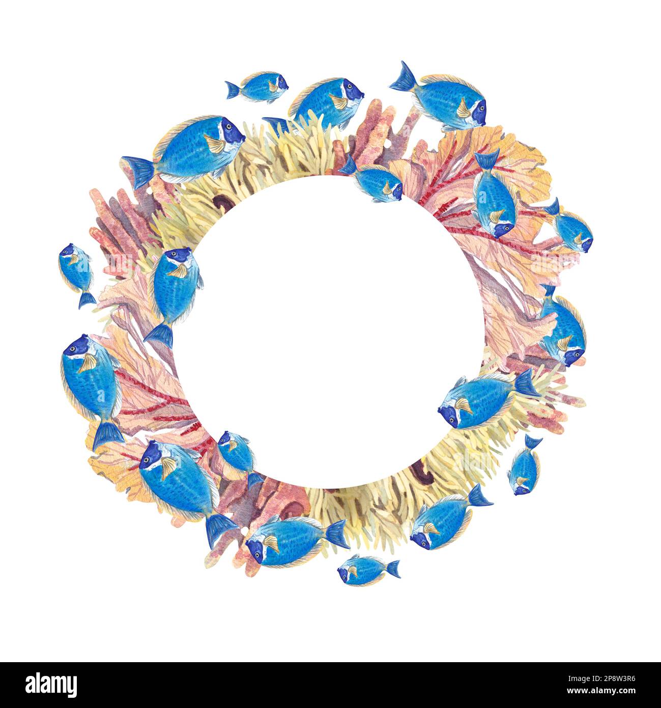 Round frame with underwater corals and blue exotic fish on a white ...