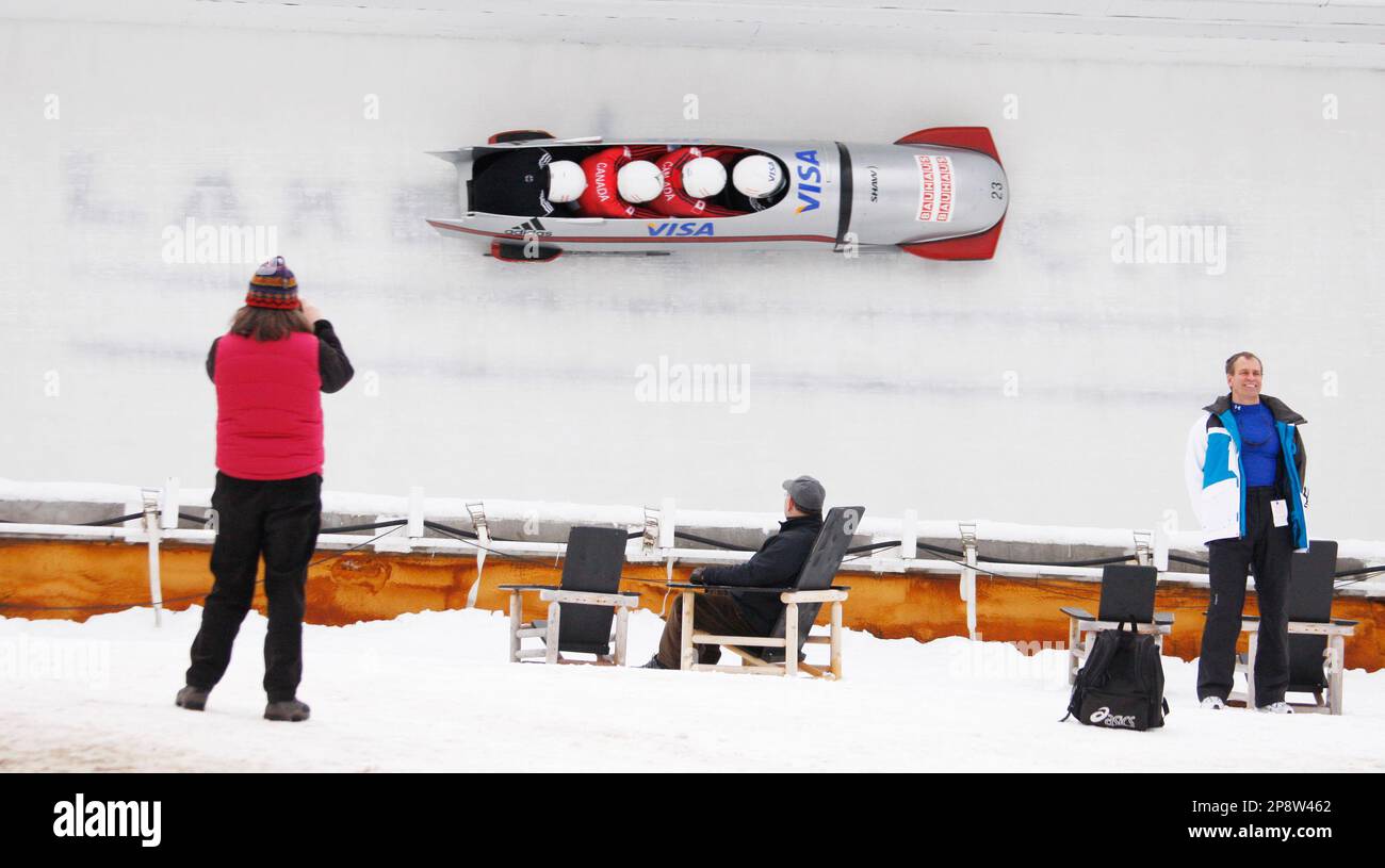 Canada's four-man bobsled team in action during a training run at the ...