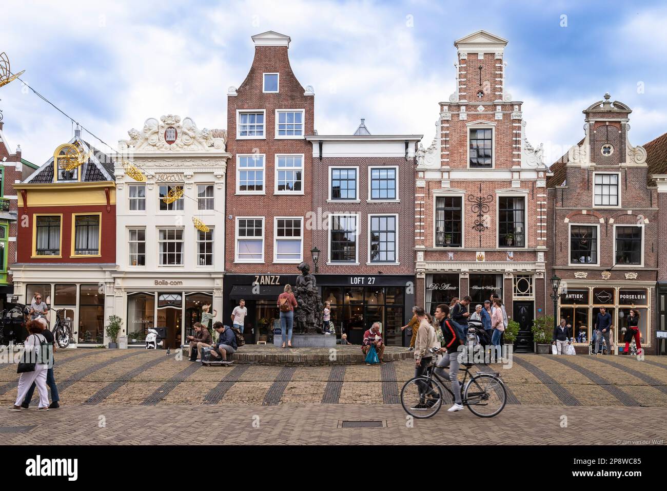 Shops with beautiful facades in the old center of the Dutch city of ...