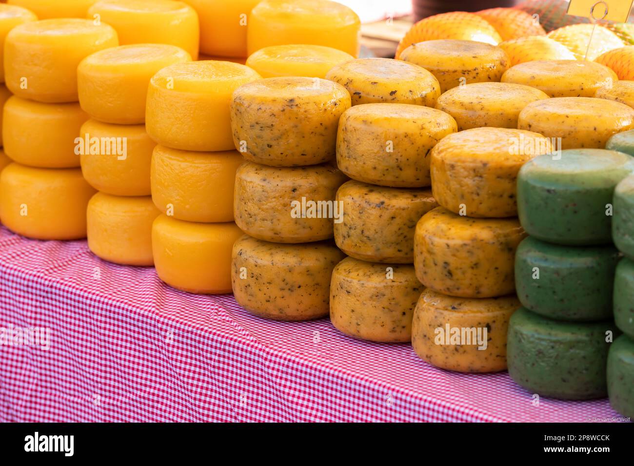 Different types of round cheeses displayed on a table Stock Photo - Alamy