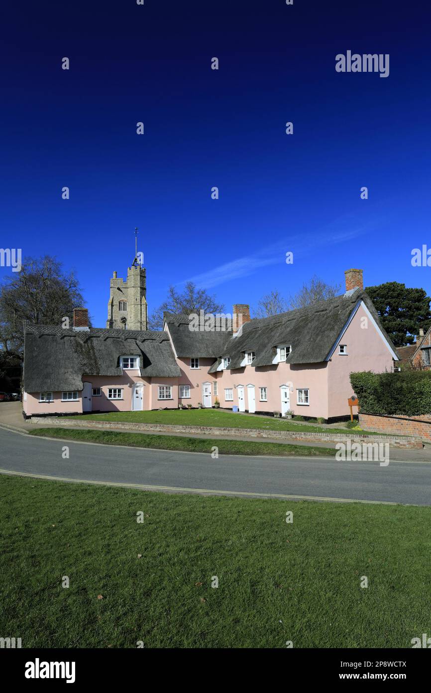 Cottages and the church of St Mary, Cavendish village, Suffolk, England ...