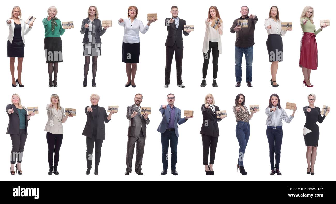group of happy people with gifts in their hands isolated Stock Photo ...