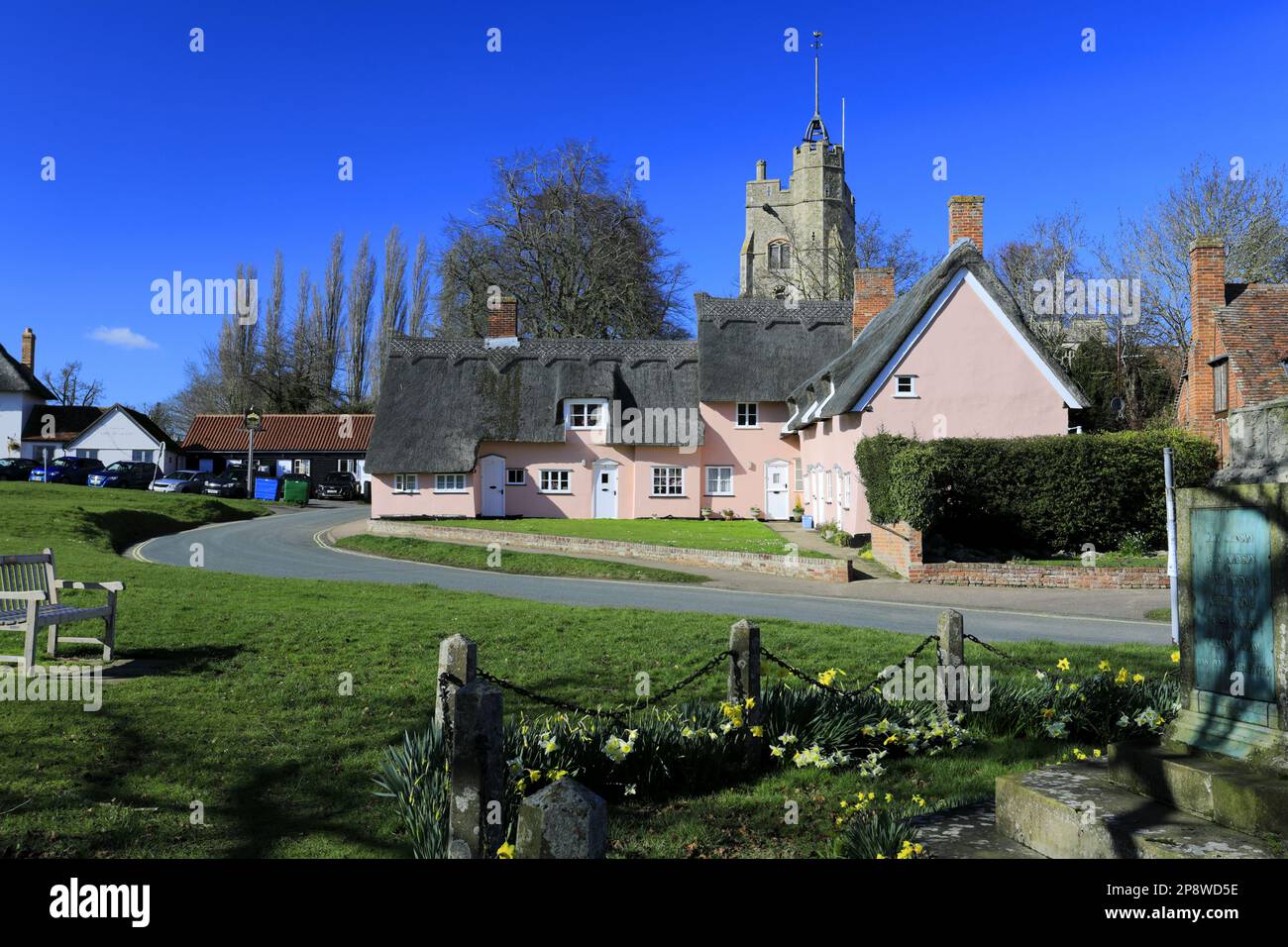 Cottages and the church of St Mary, Cavendish village, Suffolk, England ...