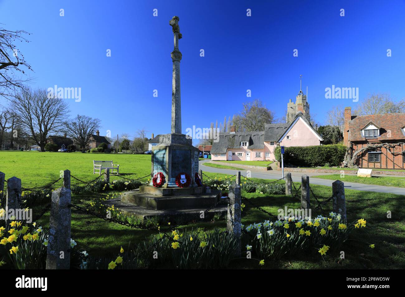 The War memorial and Cottages, Cavendish village, Suffolk, England, UK ...