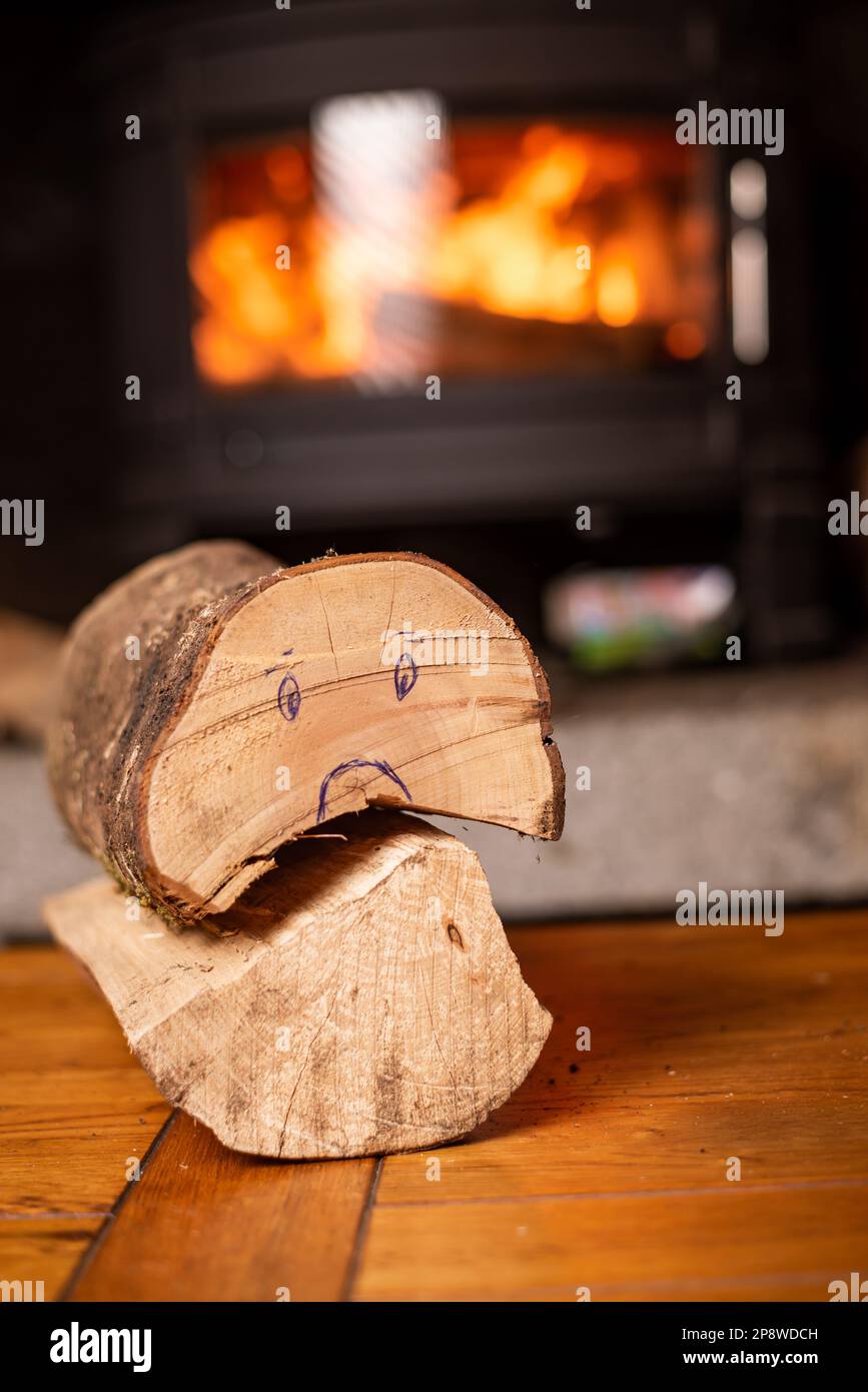 Wooden log with sad smiley. Rising price of firewood concept. Firewood ...
