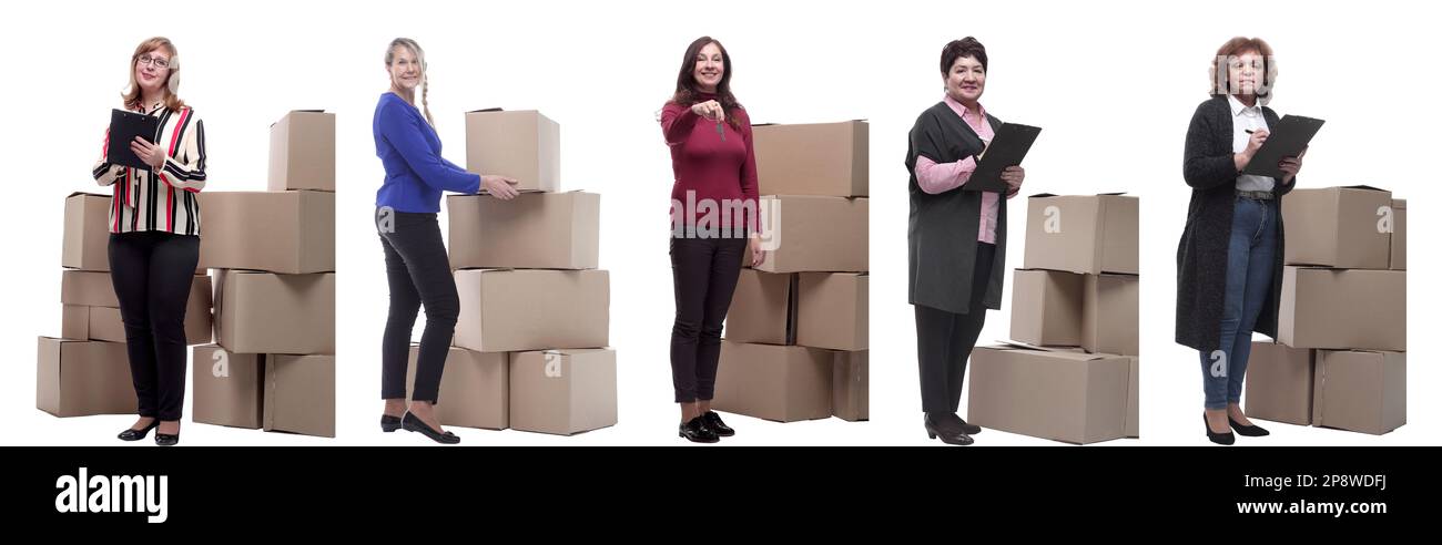 Collage of people lifting heavy cardboard box isolated Stock Photo - Alamy
