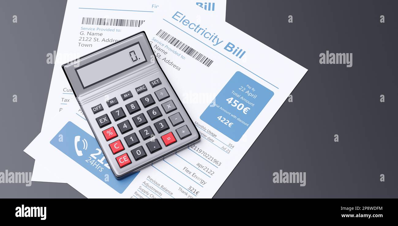 Electricity bill and calculator on gray black background, copy space ... Electricity bill and calculator on gray black background, copy space ...