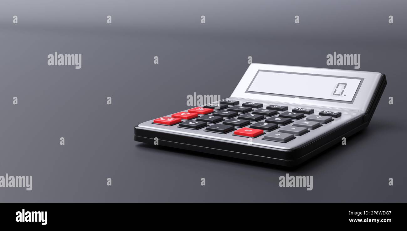 Calculator on gray black background, copy space. Business office device ...
