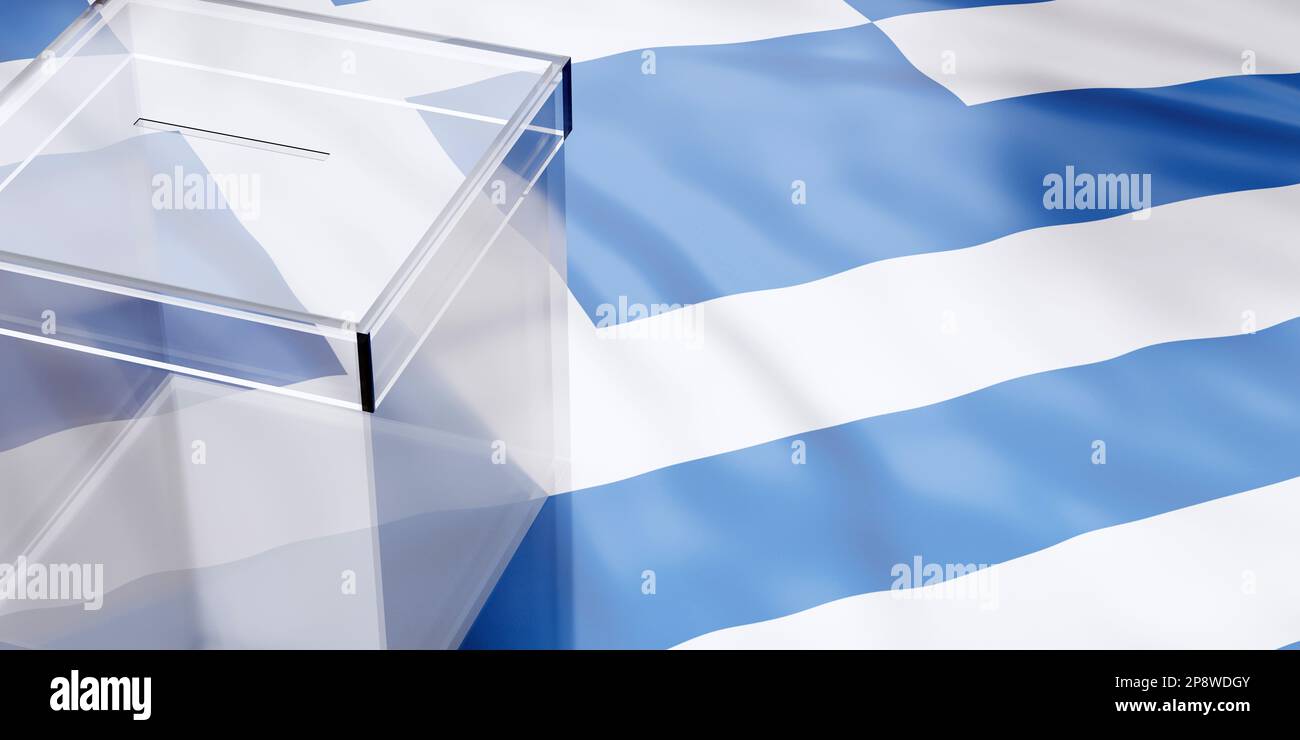 Transparent Ballot box on blue and white color Greece flag background ...