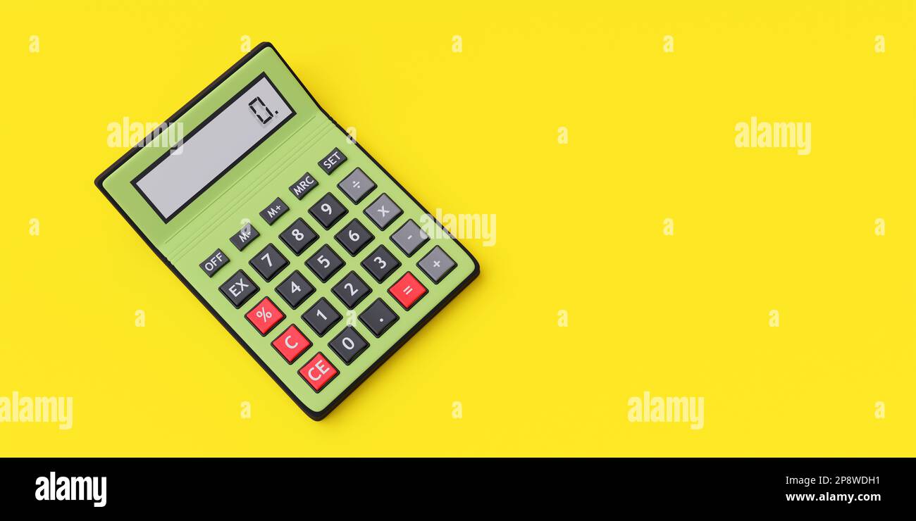 Calculator green pastel color on yellow background, copy space ...