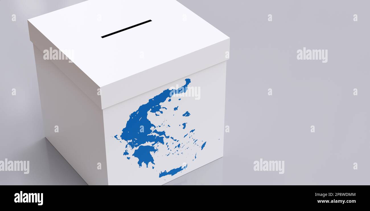 Voting white Box with blue Greece map on empty purple background ...
