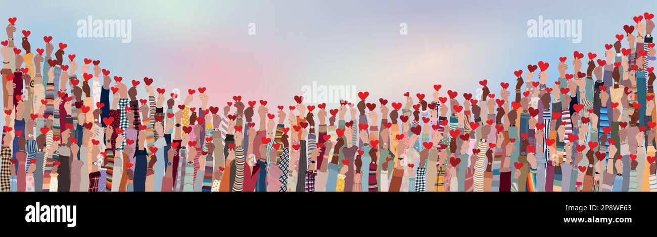 Group of raised hands. Diverse people holding a heart. Charitable ...