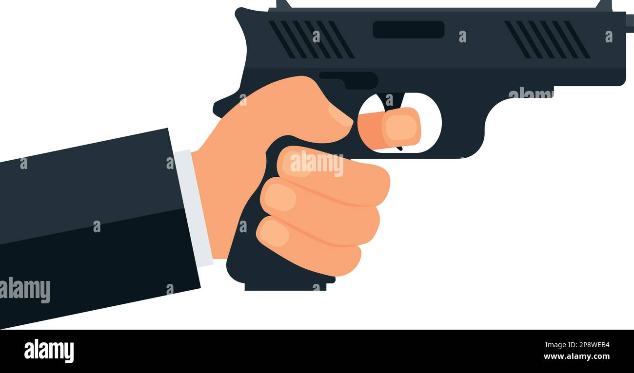 The hand holds the gun. The hand shoots the pistol with bullets. Flat ...