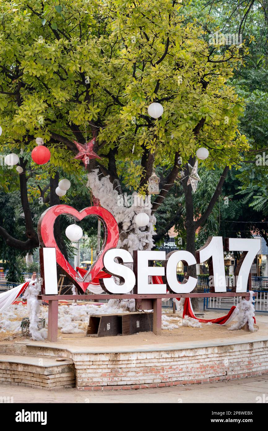 sector 17 sign at the famous landmark shopping district area in the ...