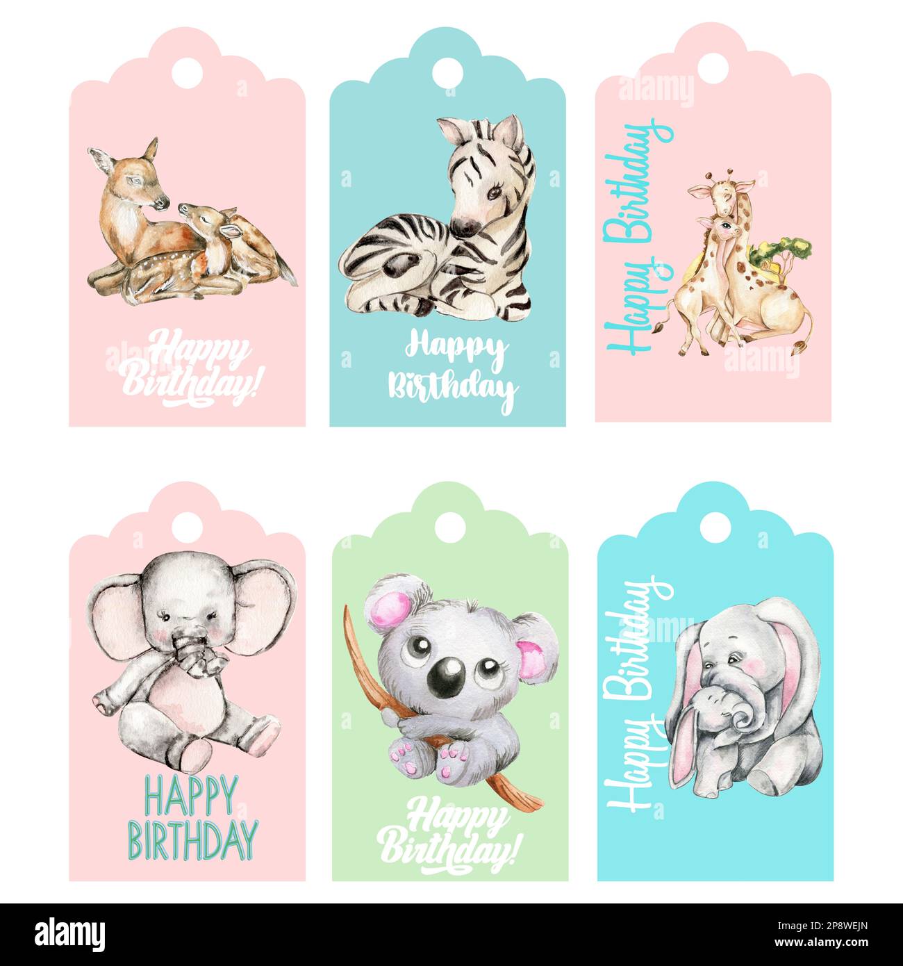 Set of happy birthday gift tags with cute baby animals. Hand drawn ...