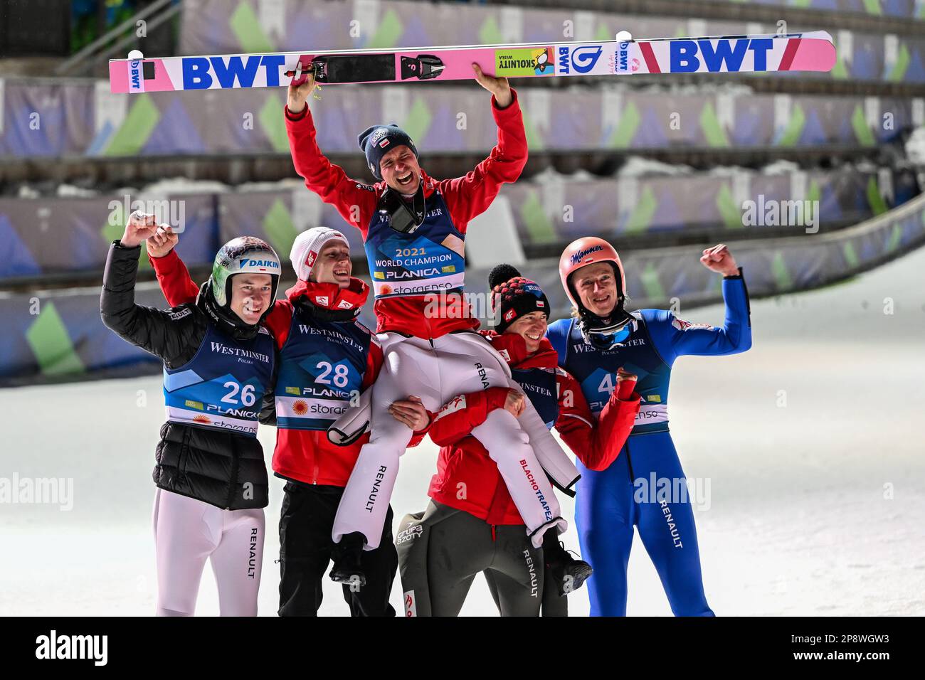Planica, Slovenia. 25th Feb, 2023. Piotr Zyla of Poland celebrates with ...
