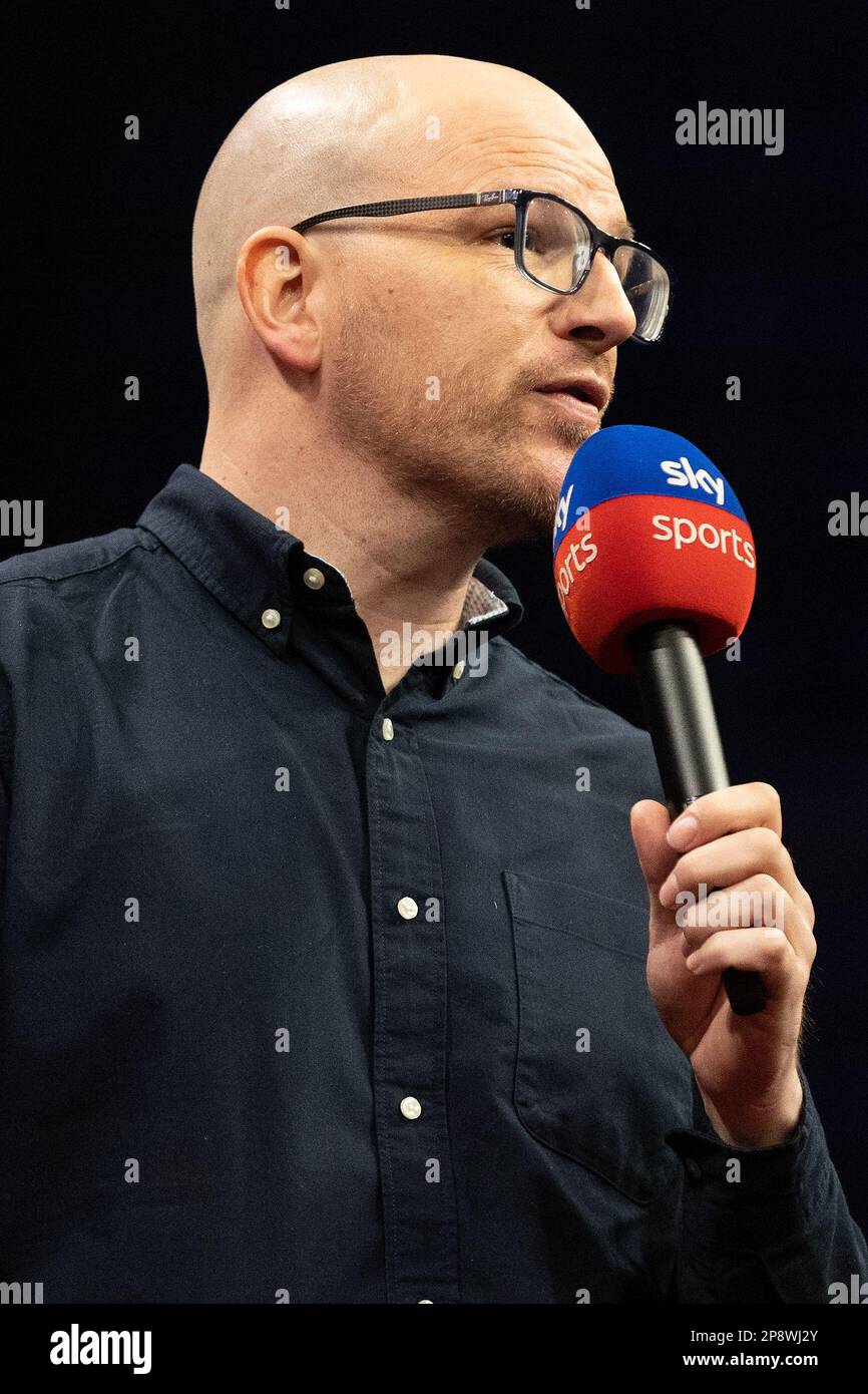 Mark Webster of Sky Sports talks during the 2023 Cazoo PDC Premier ...