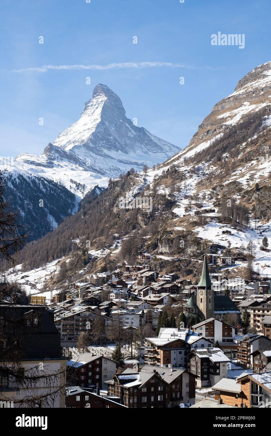 View of the Matterhorn from Zermatt, Switzerland, with the town below ...