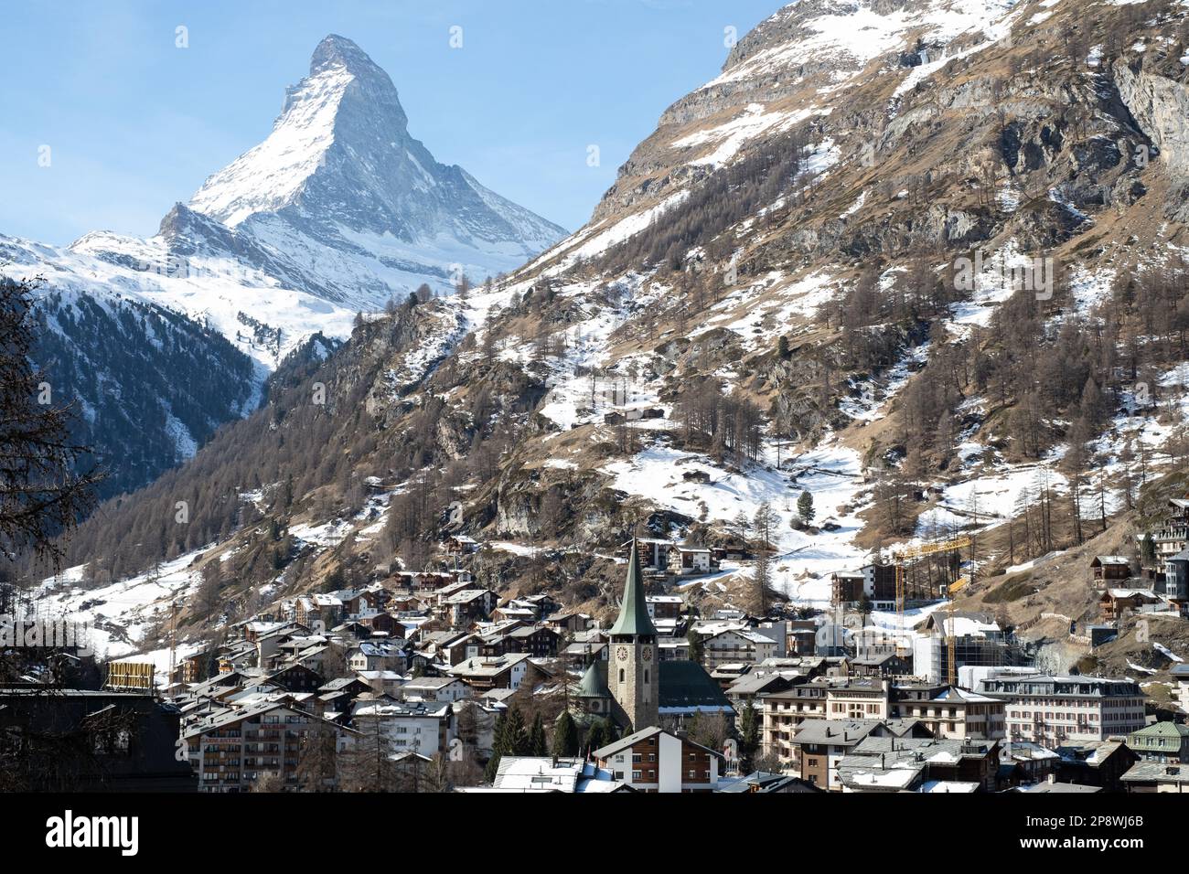 View of the Matterhorn from Zermatt, Switzerland, with the town below ...