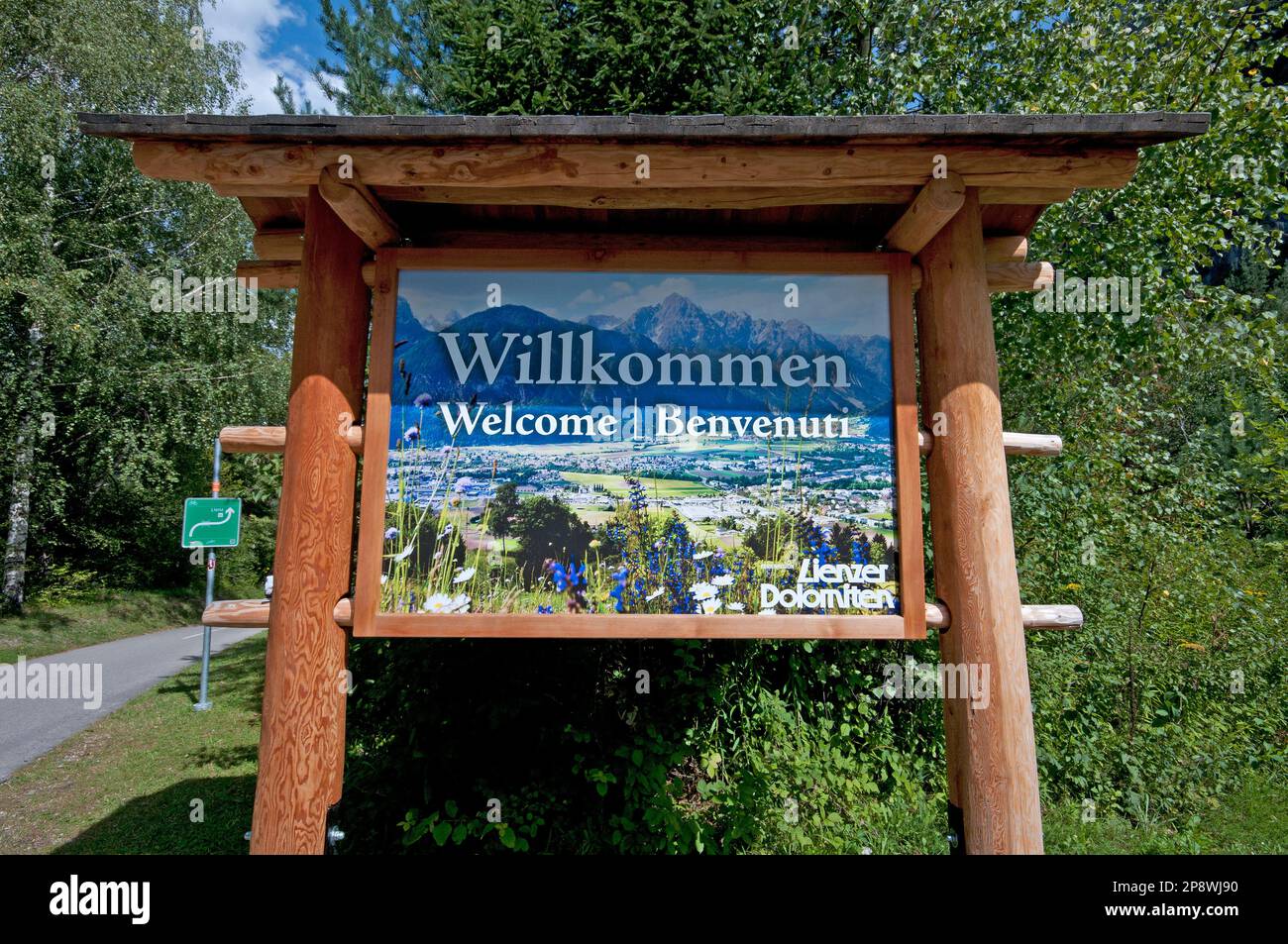 Welcome board at the end of the cycle path from San Candido (Innichen ...