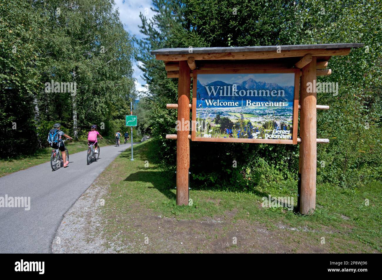 Welcome board at the end of the cycle path from San Candido (Innichen ...