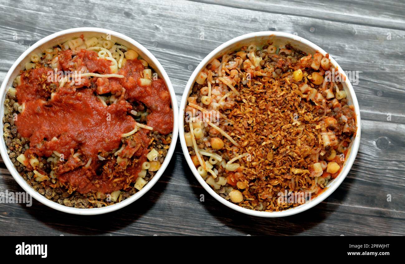 Egyptian cuisine of Koshary, a popular street food made of rice ...