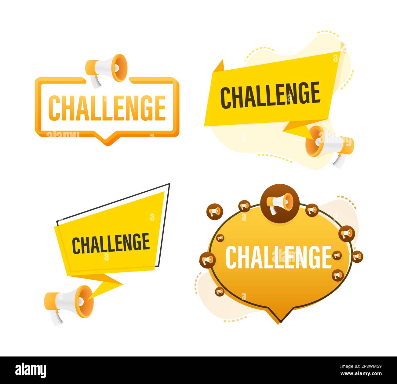 Megaphone label set with text challenge. Megaphone in hand promotion ... Megaphone label set with text challenge. Megaphone in hand promotion ...