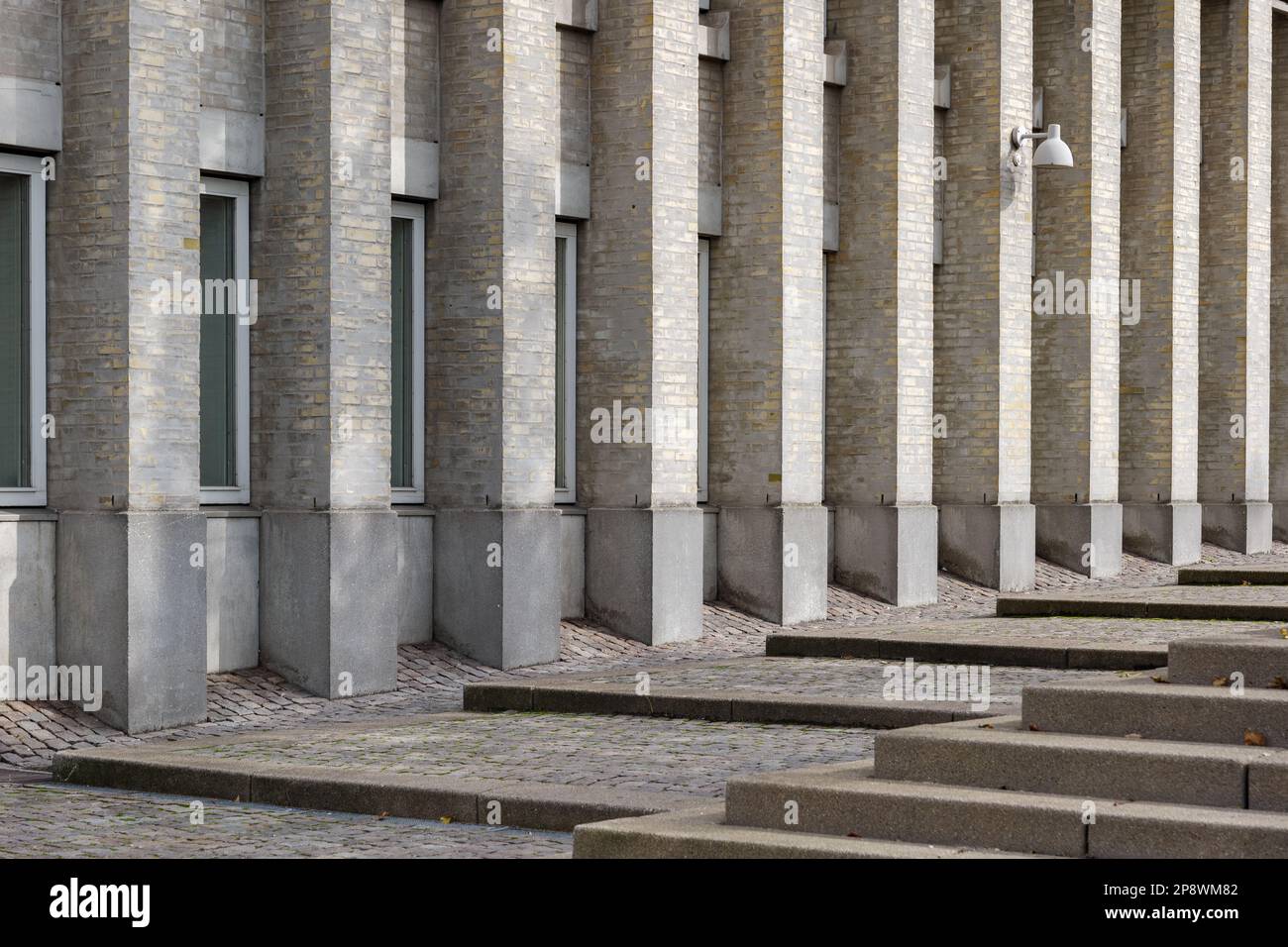 Outdoor exterior view of modern facade with vertical awning stripe ...