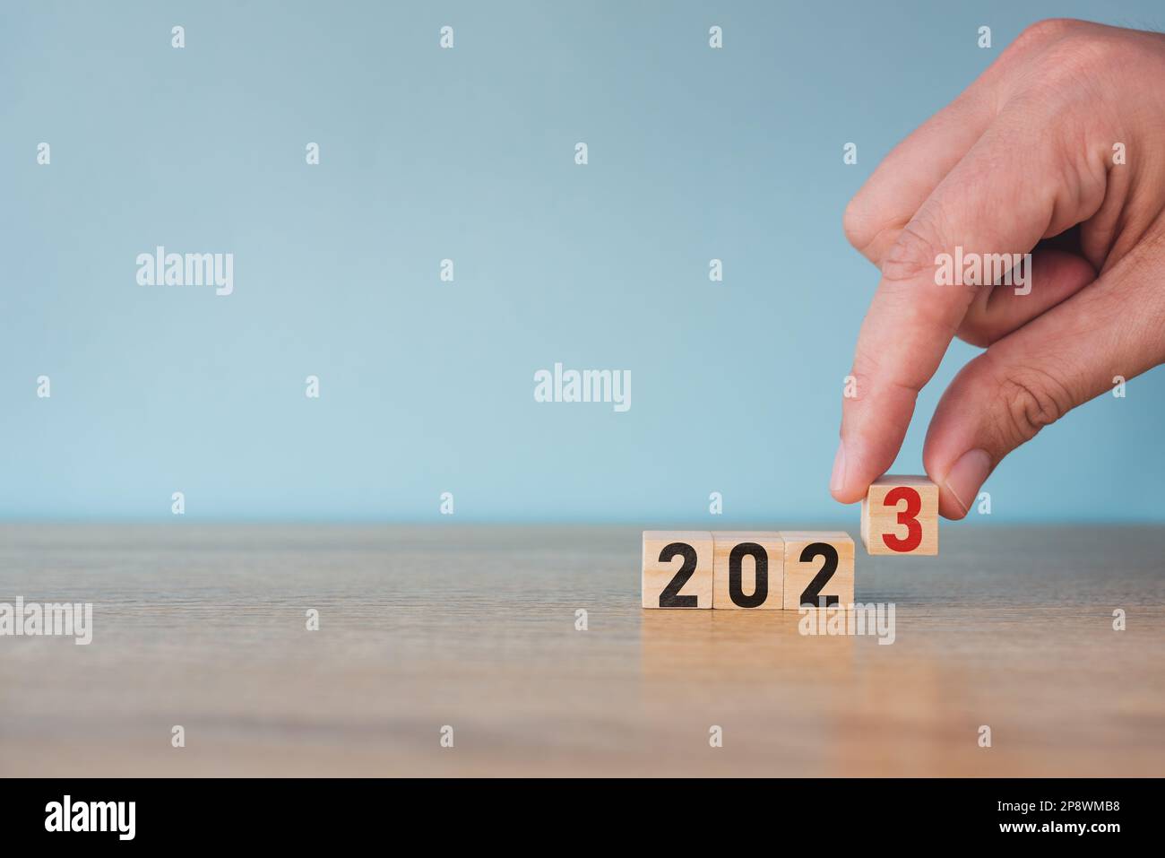 2023 year, target board print screen on wooden block cube for setup new ...