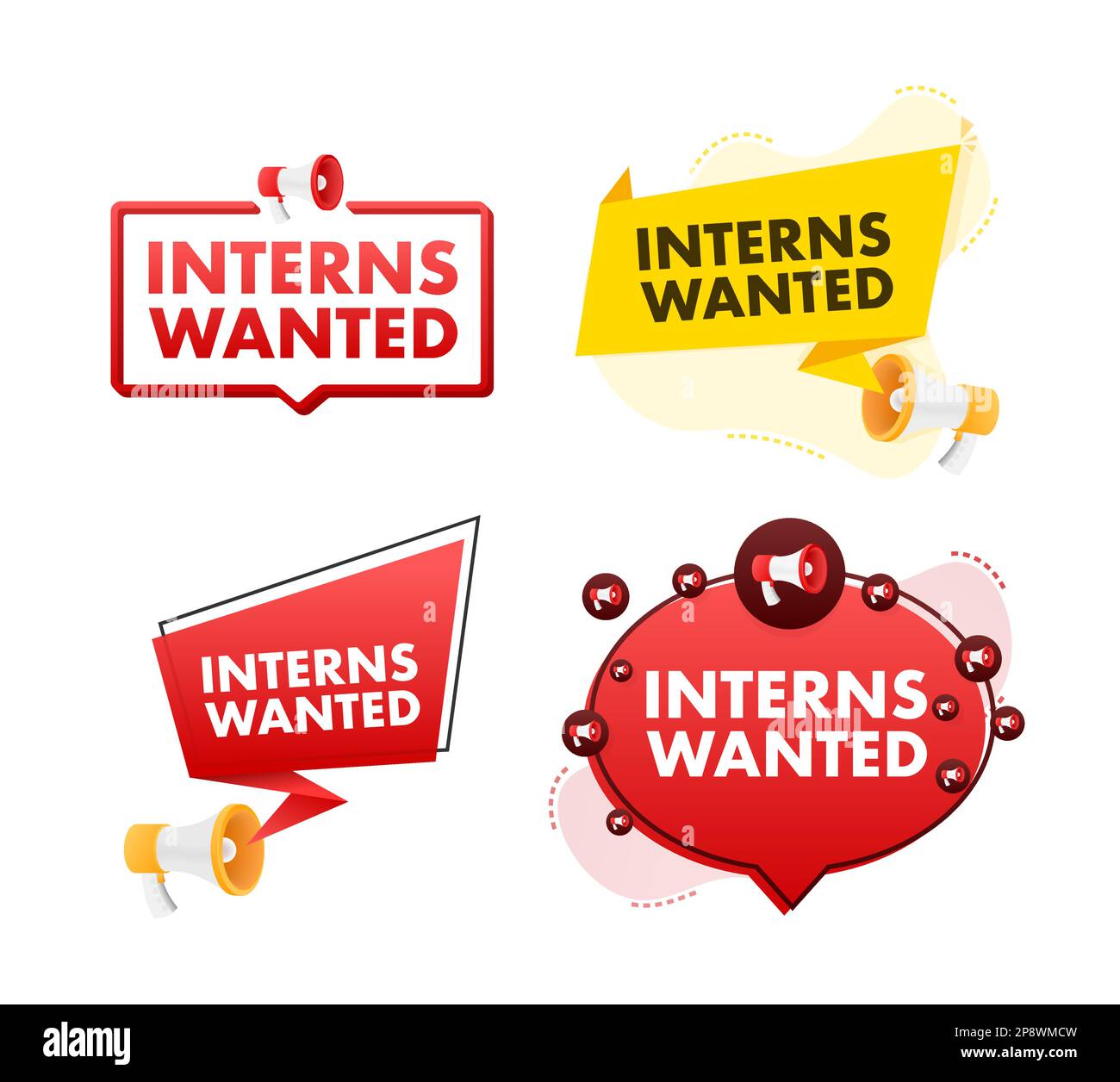 Megaphone label set with text Interns Wanted. Megaphone in hand ...