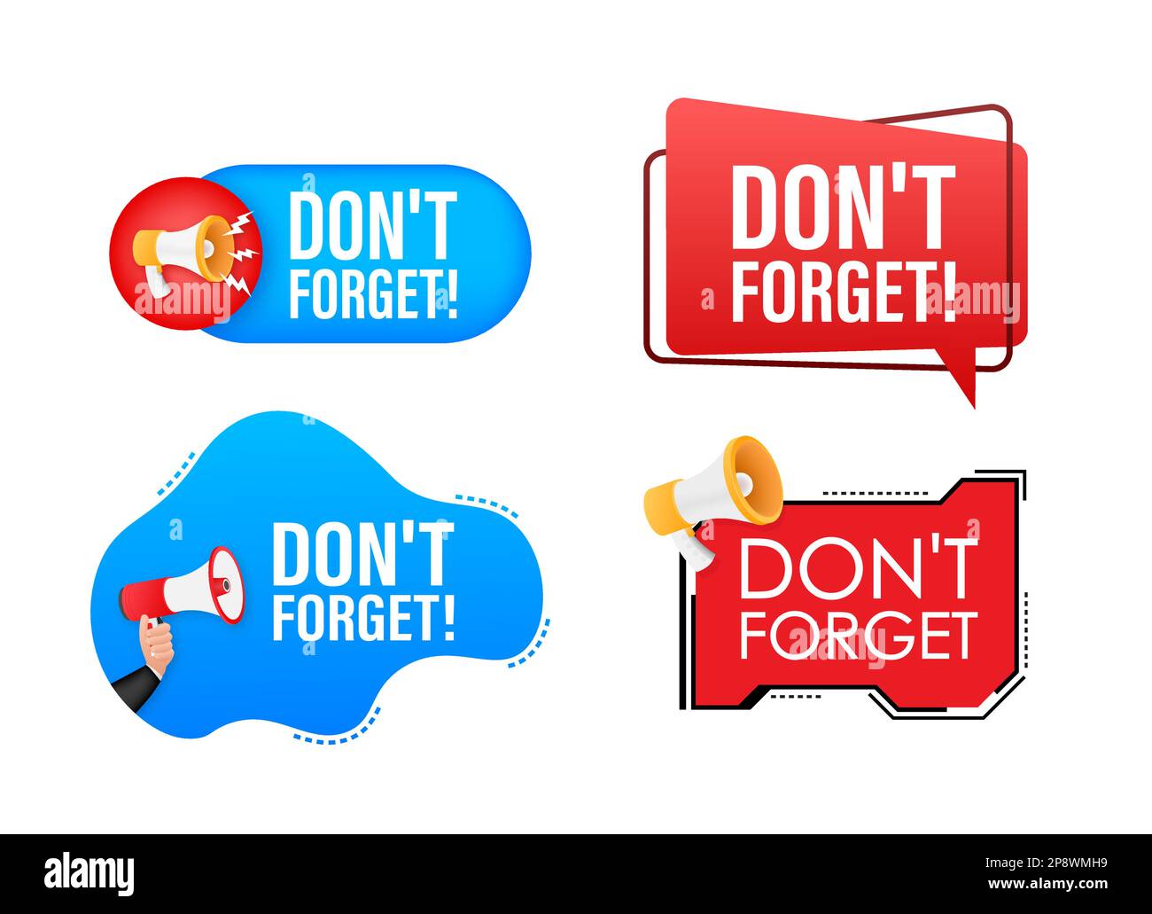 Megaphone label set with text dont forget. Megaphone in hand promotion ... Megaphone label set with text dont forget. Megaphone in hand promotion ...