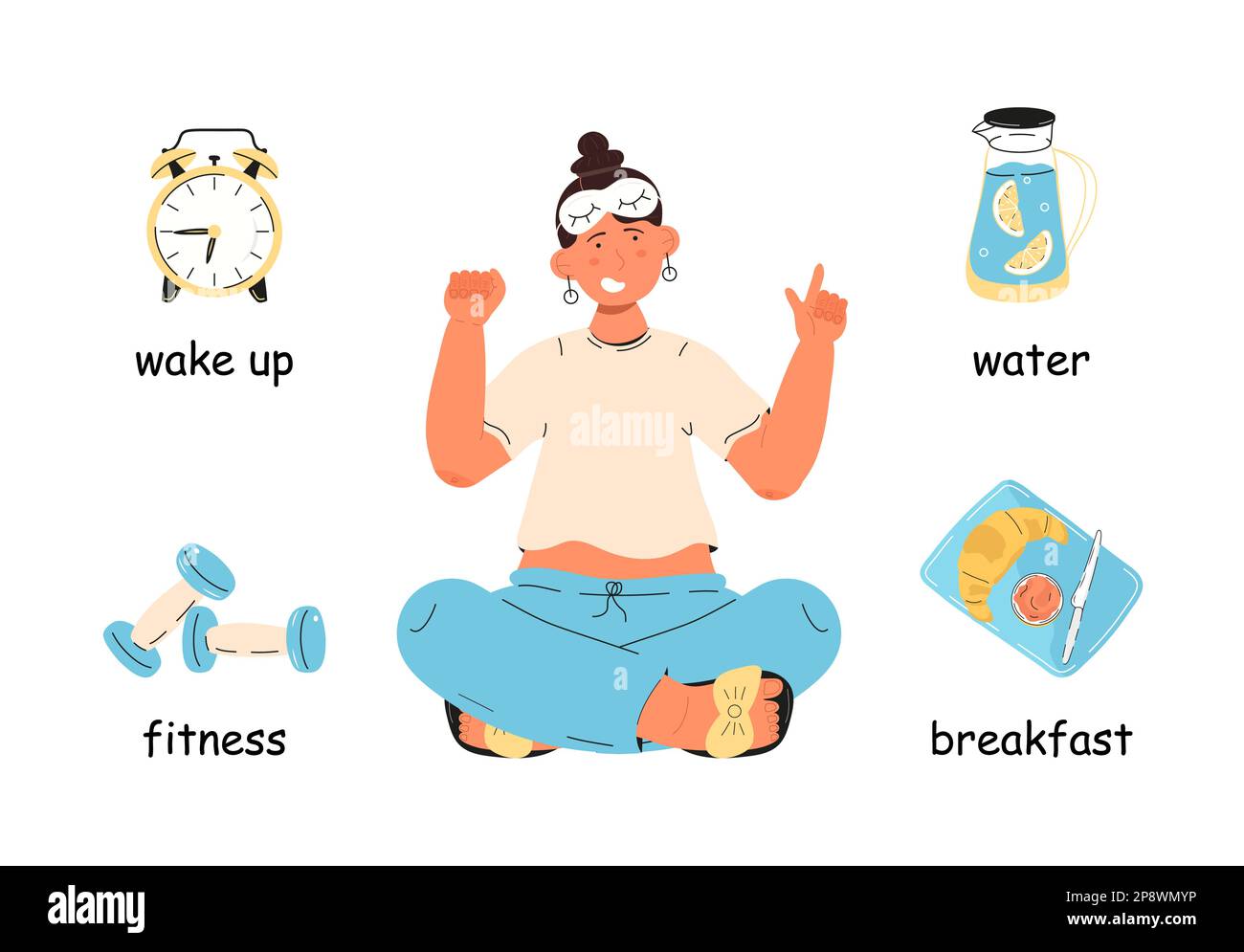 Routine day tips infographic vector. Waking up, having breakfast in the ...