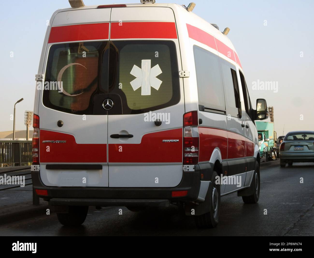 Cairo, Egypt, March 8 2023: Ambulance on road responding for an ...