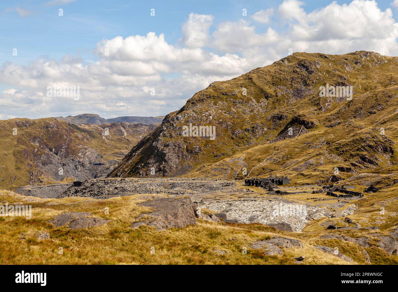 The Moelwyn mountains with the quarries of Rhosydd and Cwmorthin. The tips of Graig Ddu quarry ...