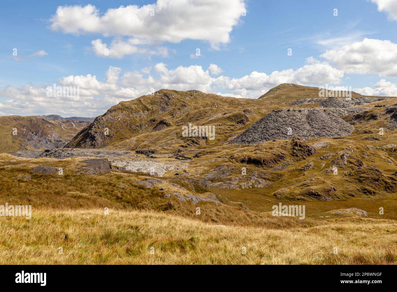 The Moelwyn mountains with the quarries of Rhosydd and Cwmorthin. The tips of Graig Ddu quarry ...