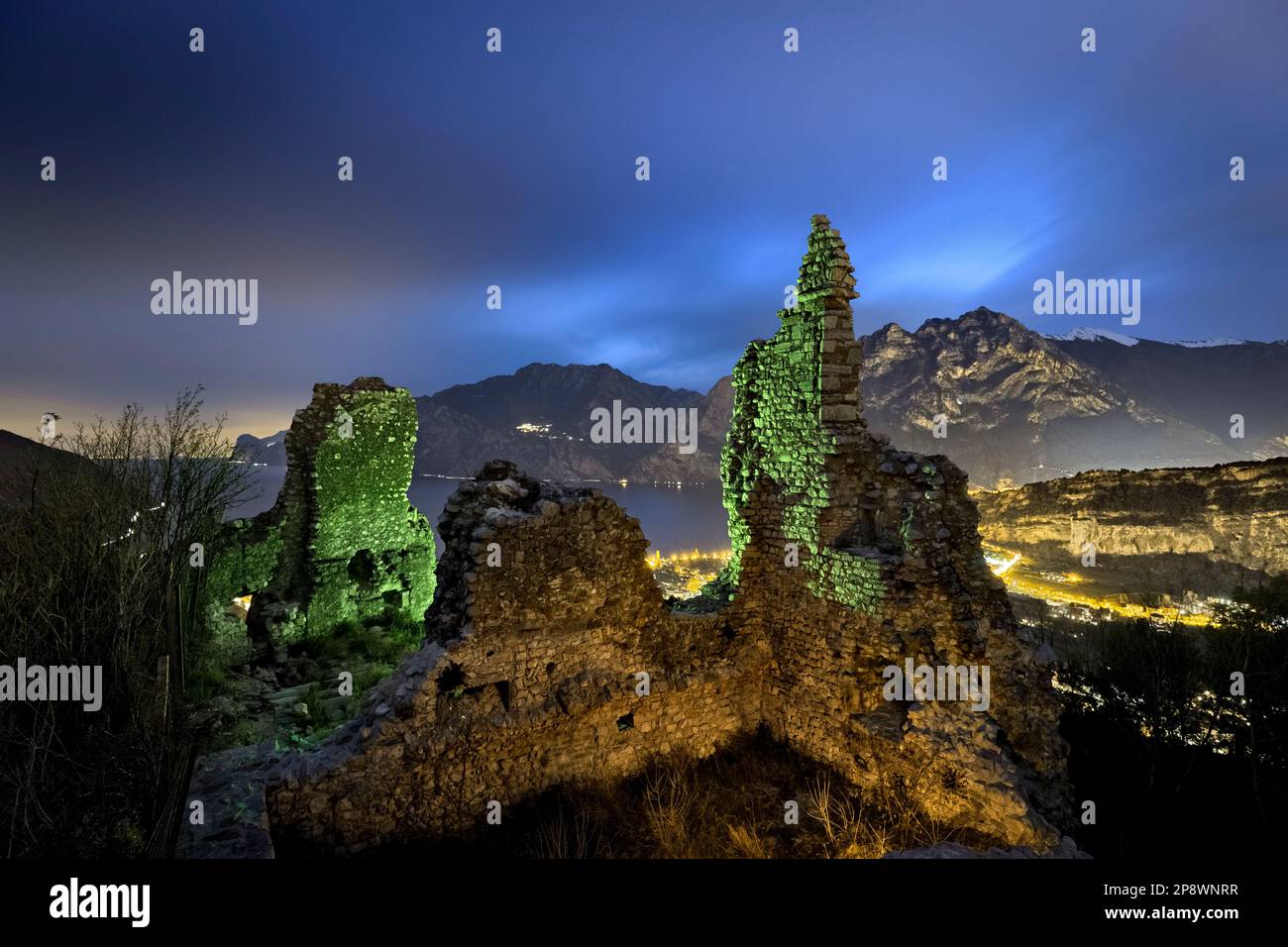 Mysterious night at the medieval ruins of Penede castle. Nago Torbole ...