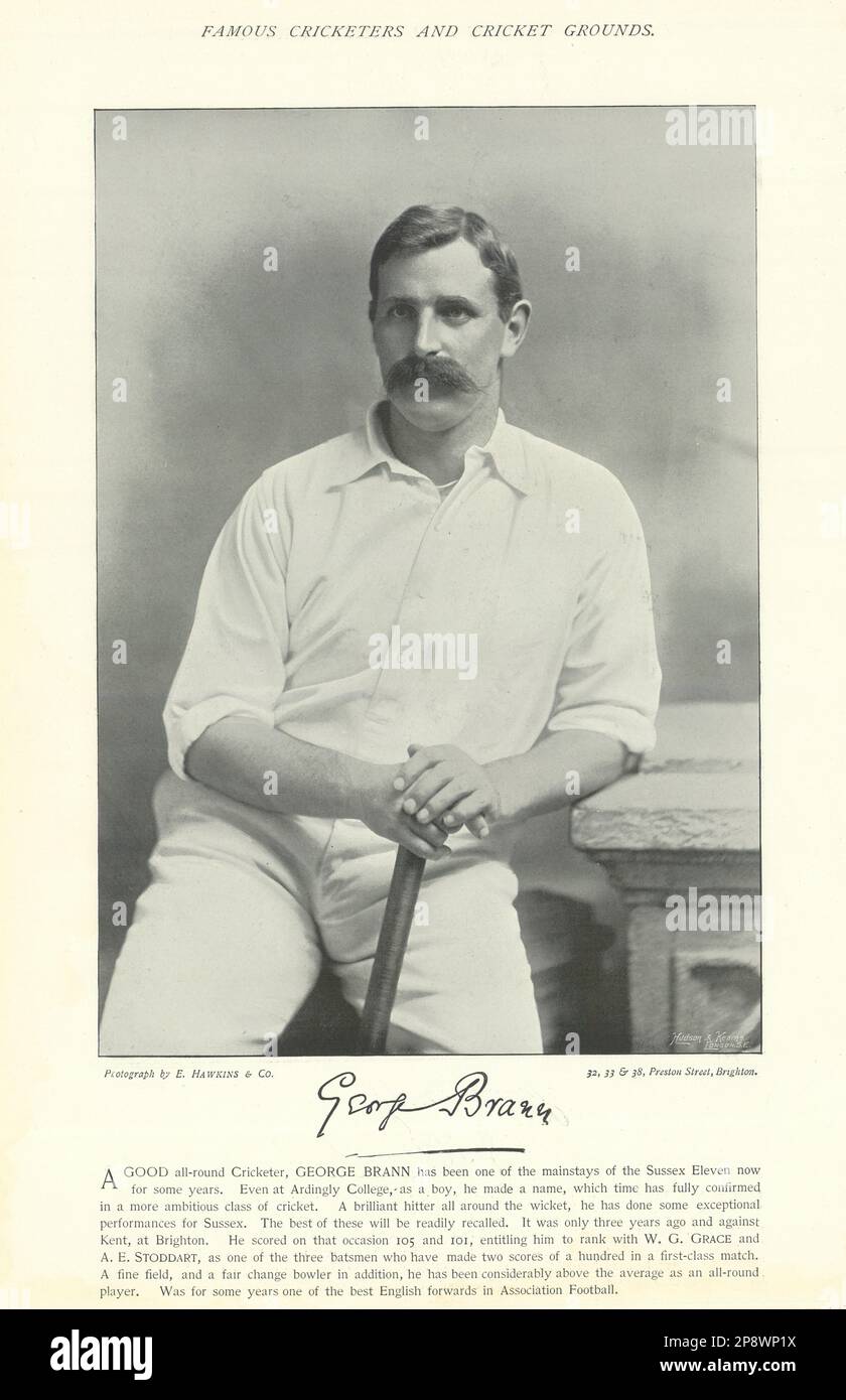 George Brann. Batsman. Sussex cricketer 1895 old antique vintage print ...