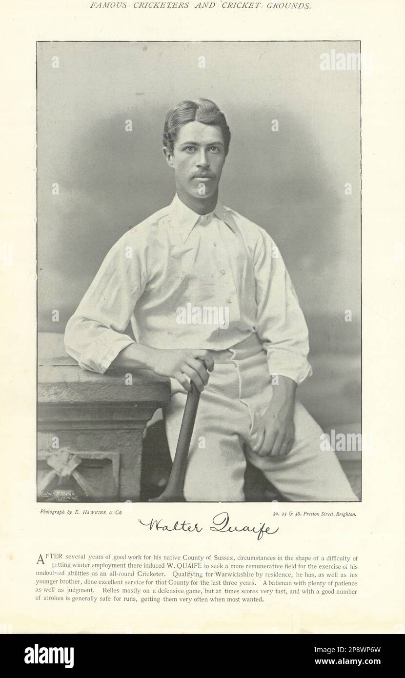 Walter Quaife. Batsman. Warwickshire cricketer 1895 old antique print ...