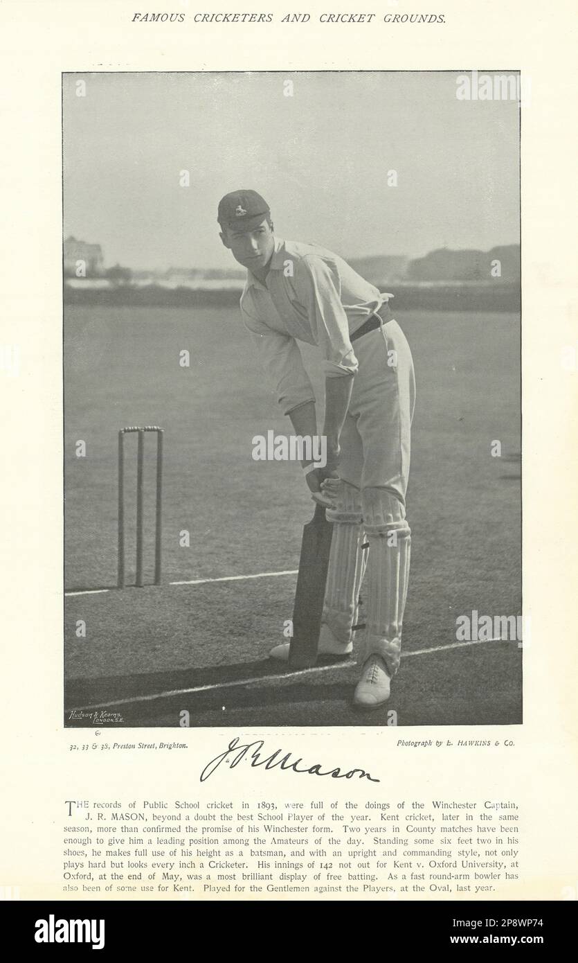 John Richard Mason. All-rounder. Kent cricketer 1895 old antique print ...