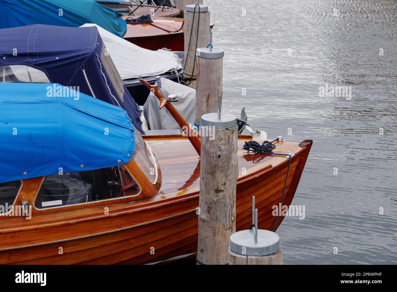 Top view group of small boats docks on the canal in Copenhagen, Denmark ...