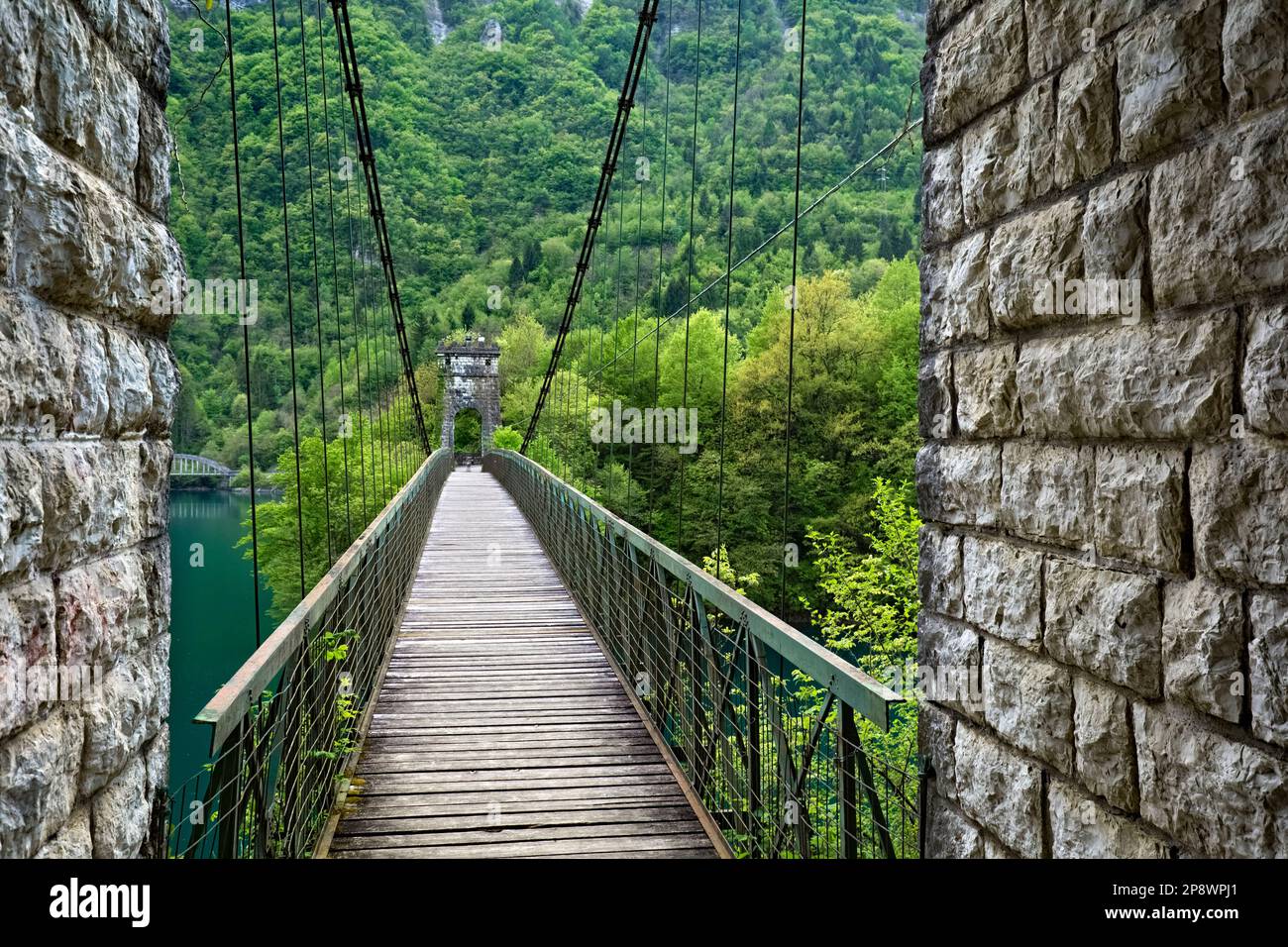 The Vittoria bridge on the lake of Corlo. Arsié, Belluno province ...