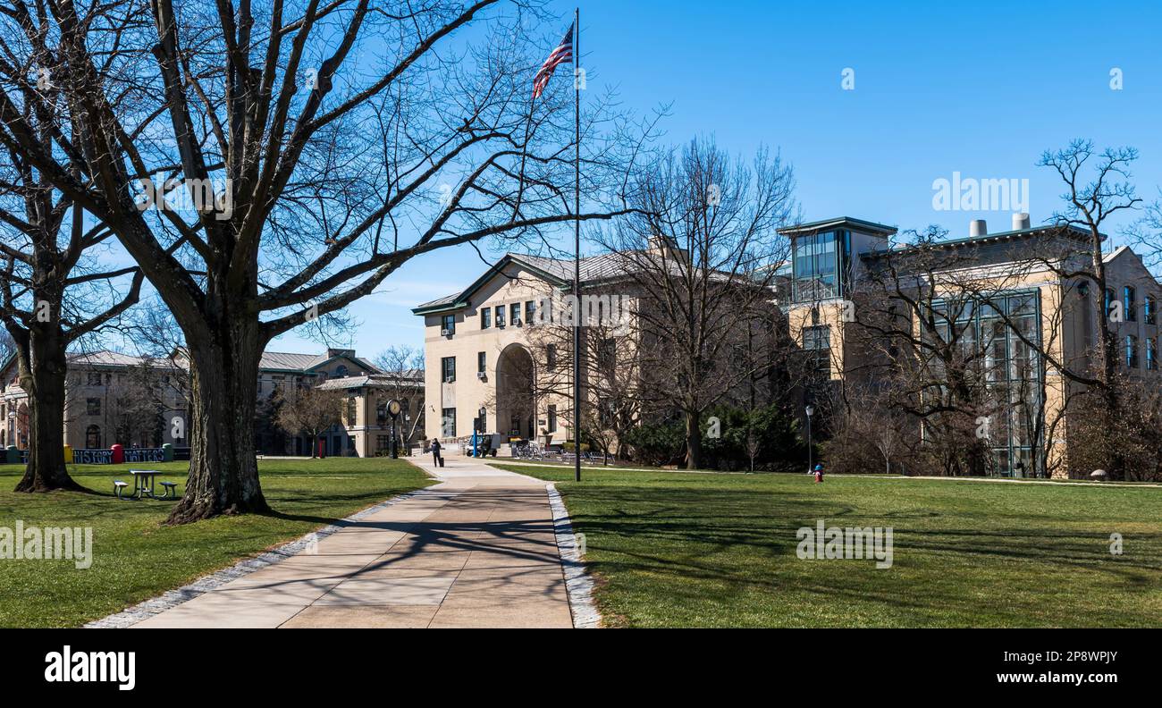 A sidewalk leading to Doherty Hall on the campus of Carnegie Mellon ...