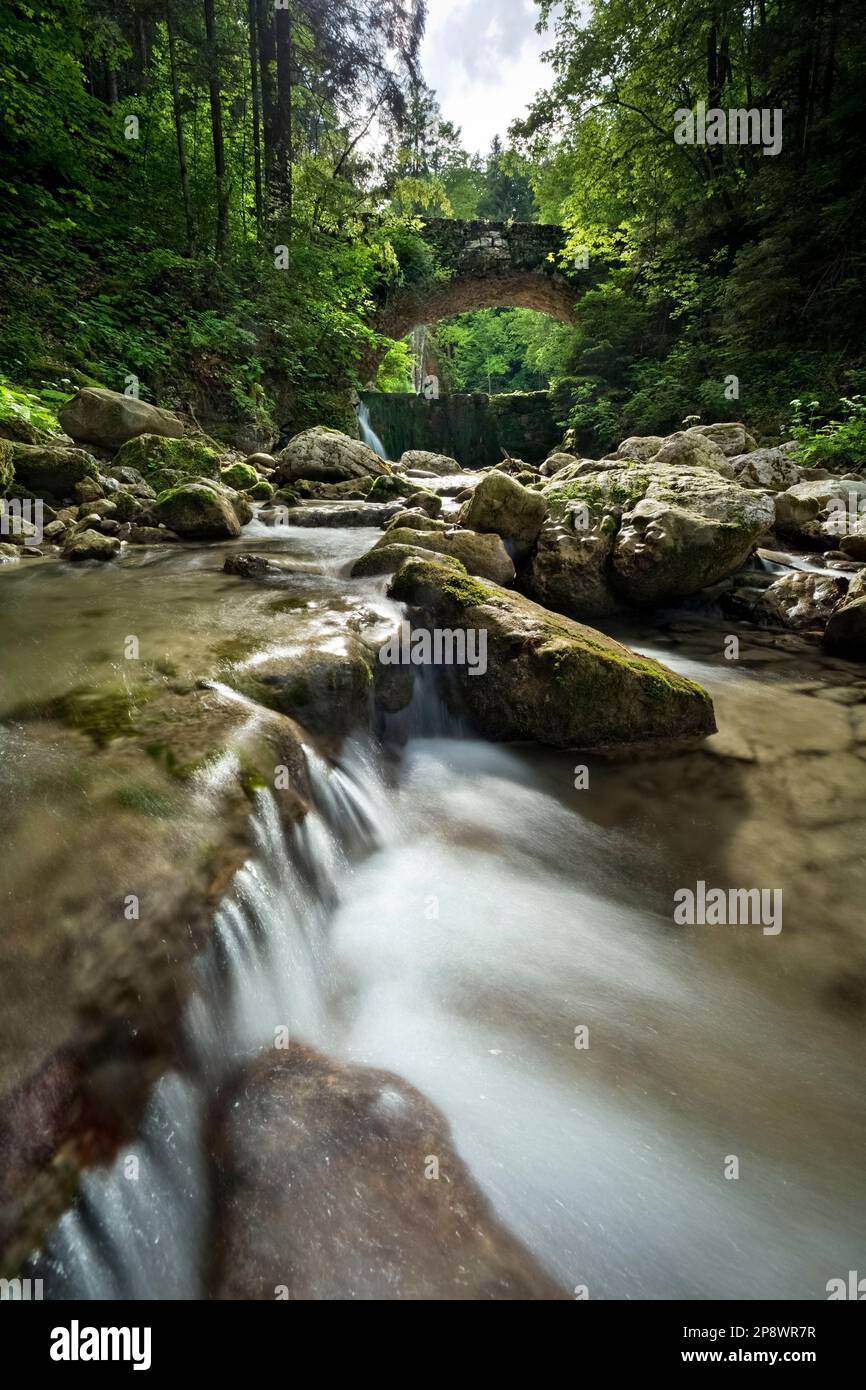 The Astico stream and the ancient stone bridge along the nature trail ...