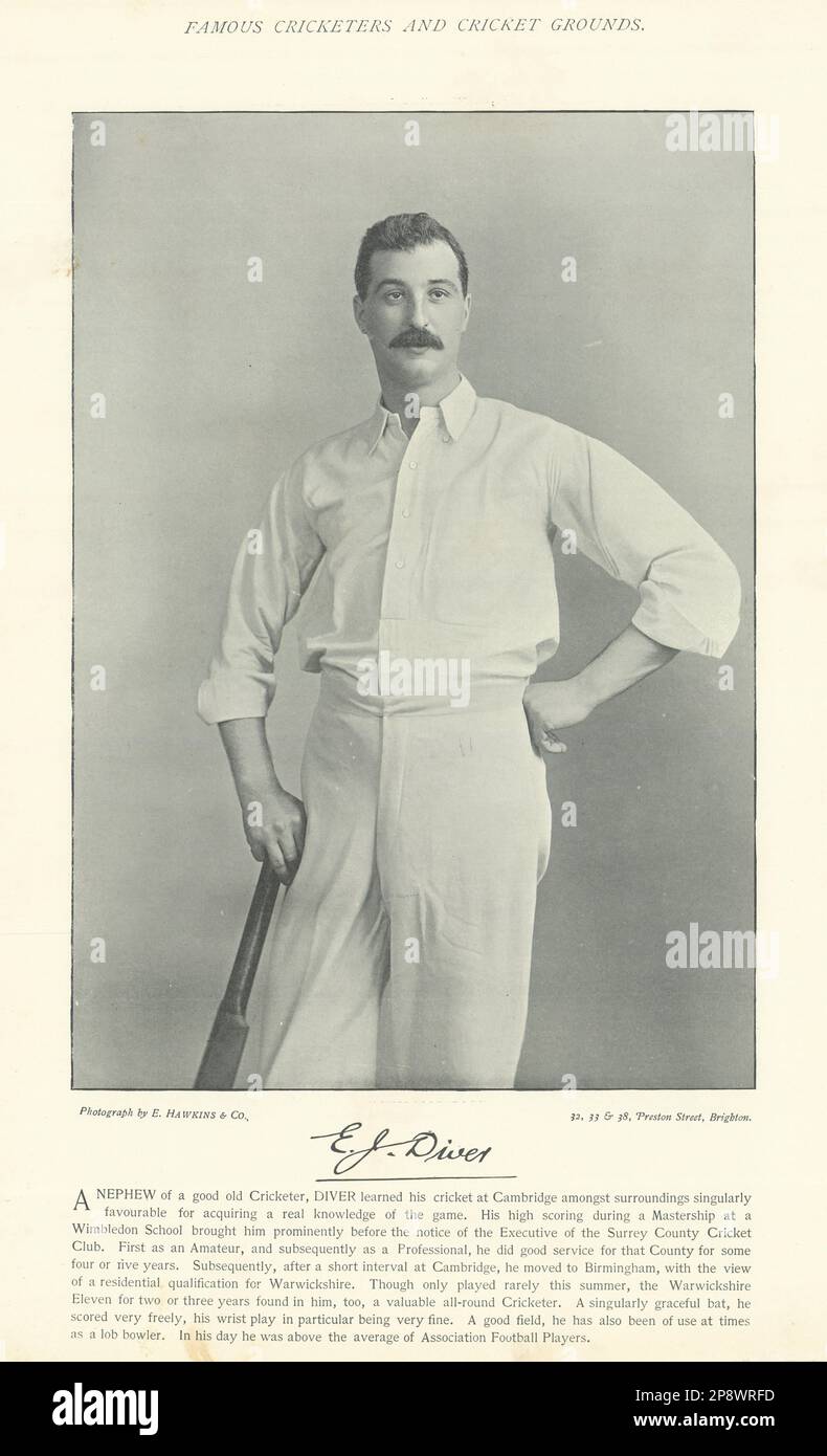 Edwin James Diver. Middle-order batsman. Warwickshire cricketer 1895 old print Stock Photo - Alamy