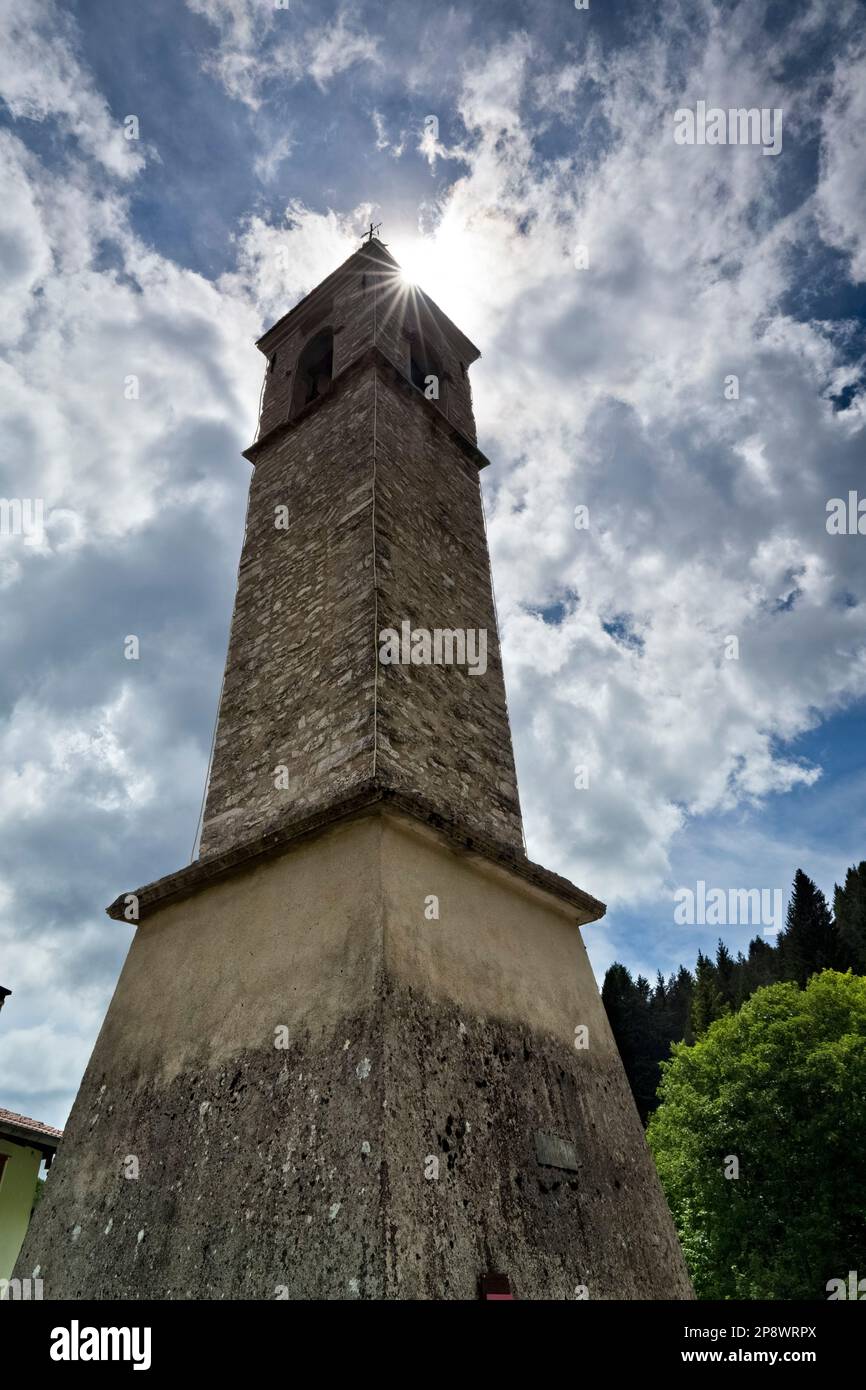 Romanesque bell tower in the village of San Sebastiano. Folgaria, Alpe ...