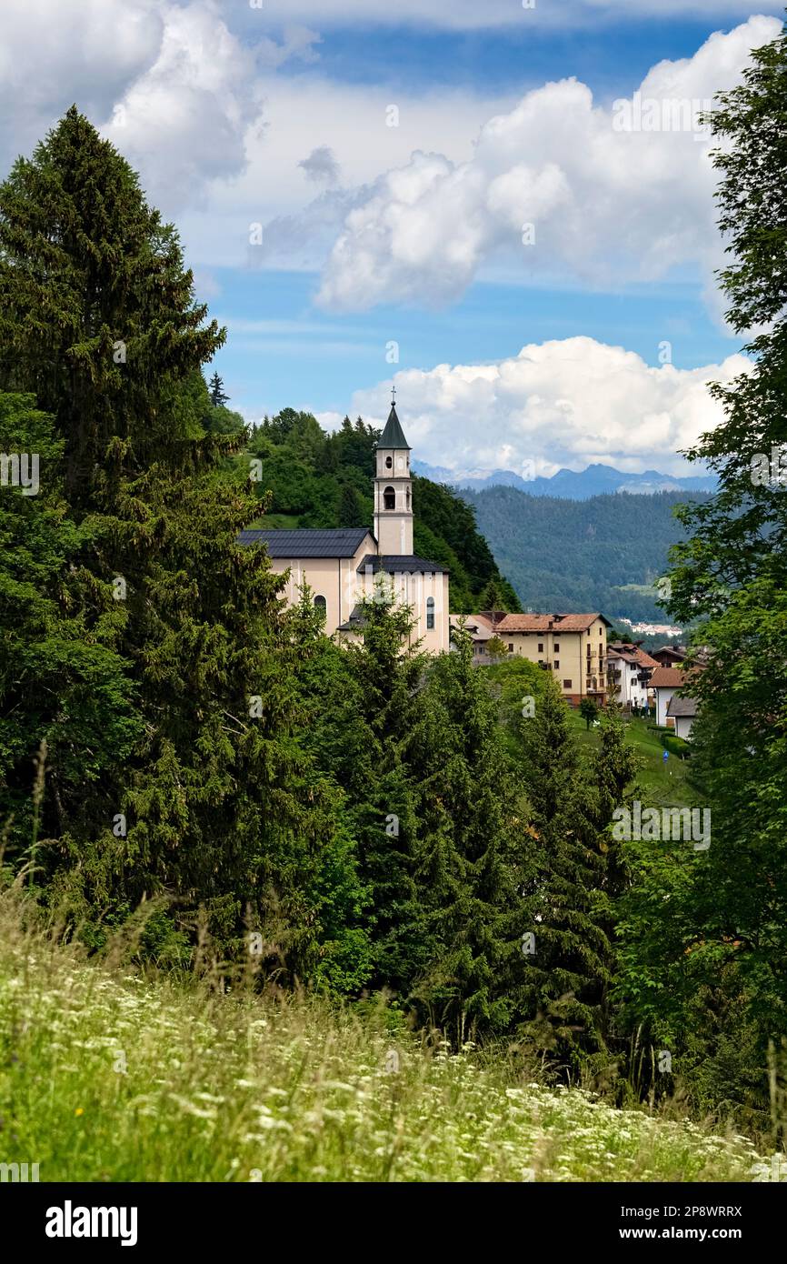 The church of the mountain village of San Sebastiano. Folgaria, Alpe ...
