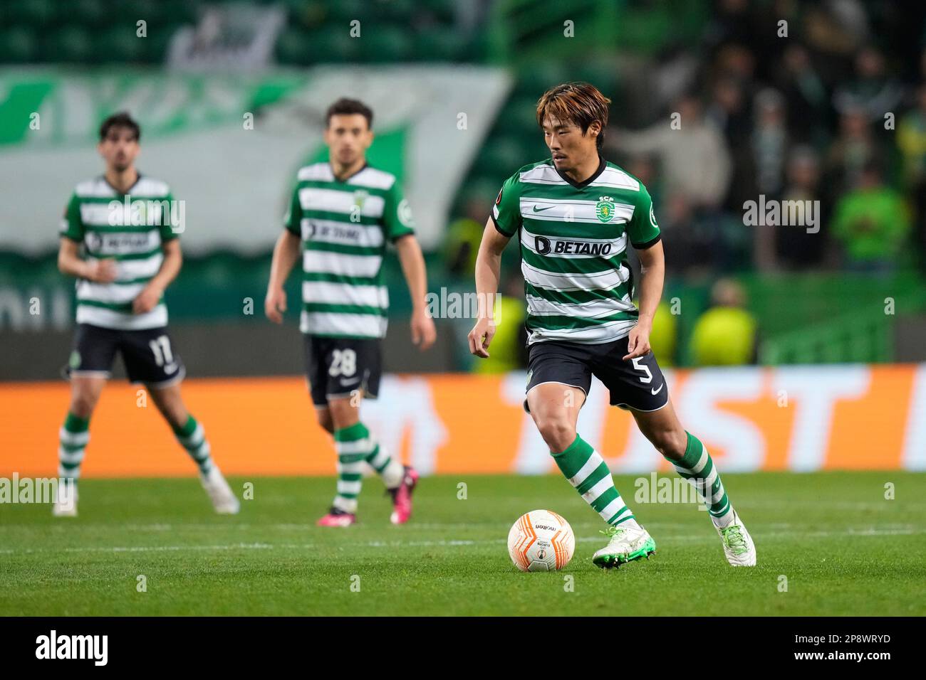 Sporting's Hidemasa Morita controls the ball during the Europa League ...