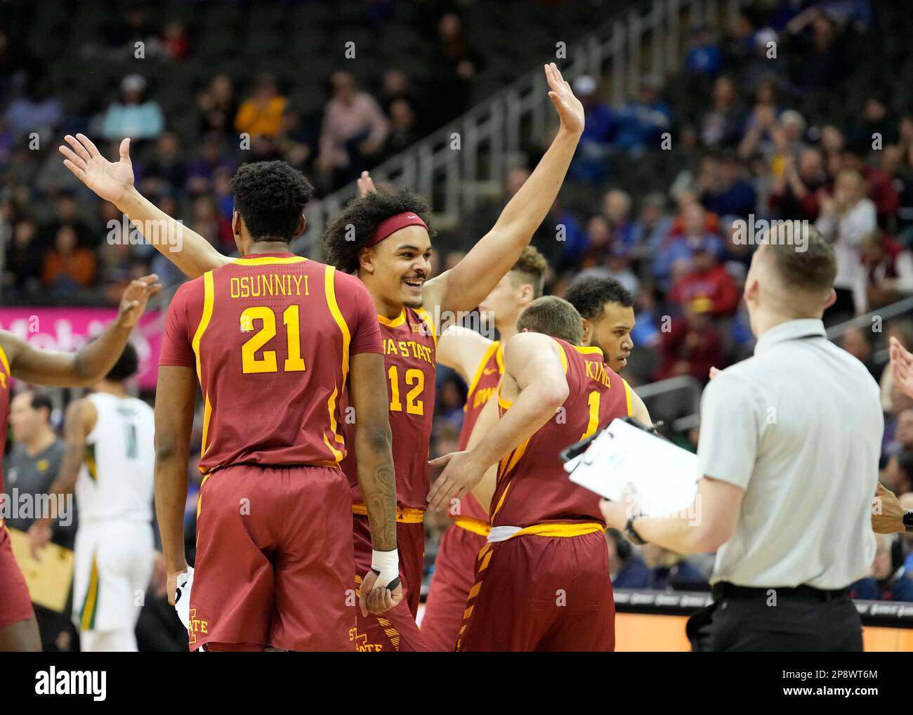 MAR 09 2023: Iowa State forward Robert Jones (12) celebrates a big play ...