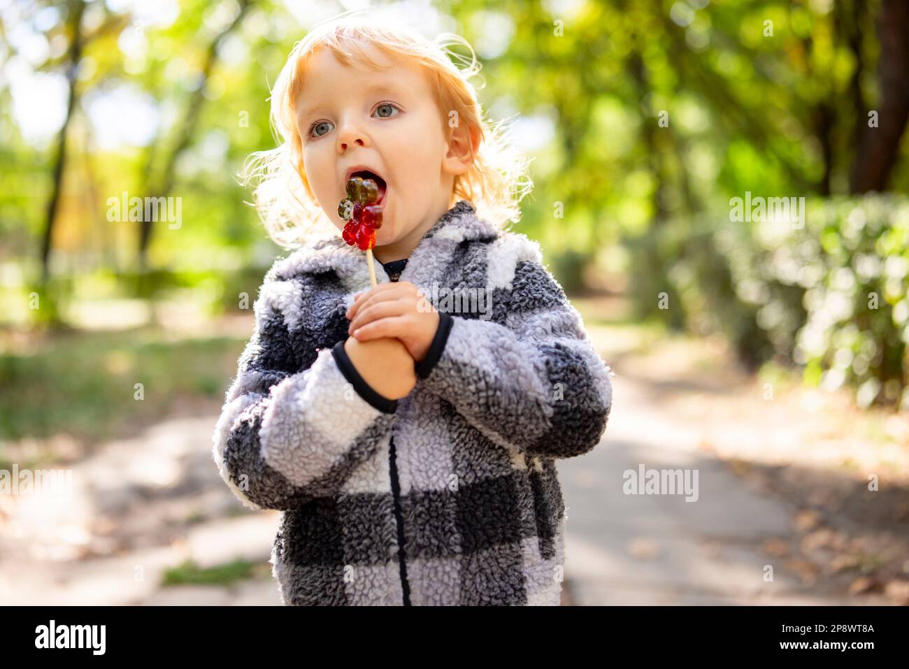 Funny child with candy lollipop, little boy eating big sugar lollipop ...