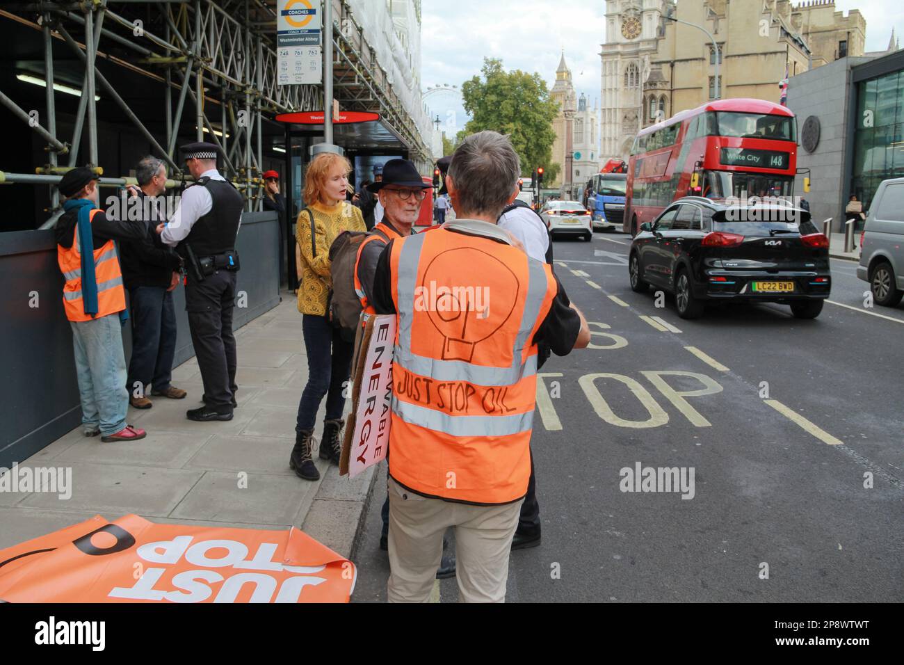 London, UK. 31 October 2022. Just Stop Oil demonstrators block road by ...